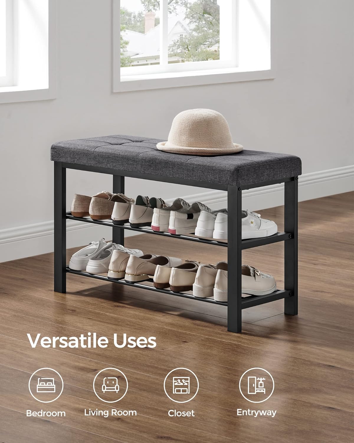 Songmics 3 tier Metal Shoe Bench Storage Foam Padded Seat Dark Grey and ...